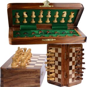 chessbazar 10x10” chess set chess set with bag - folding standard magnetic travel chess board game handmade in fine rosewood with storage for chessmen