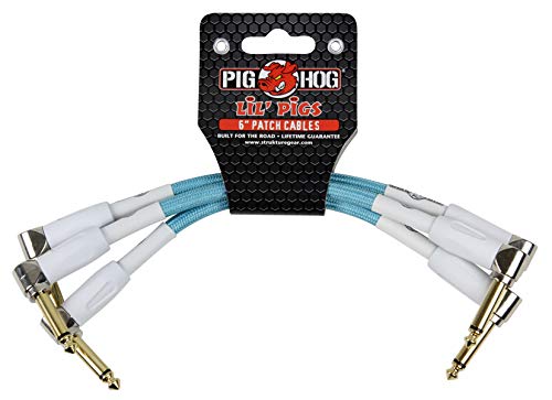 Pig Hog PHLIL6DB Lil' Pigs Right-Angle 1/4" Vintage Daphne Blue Instrument Patch Cables, 6" (3 Pack)