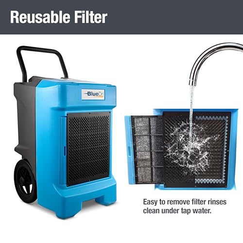 BlueDri BD-BD-130-BL Industrial Commercial Dehumidifier with Hose for Basements in Homes and Job Sites, Blue