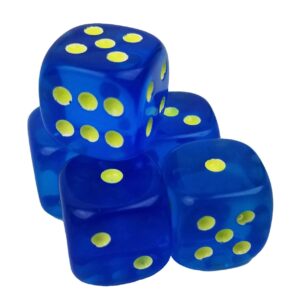 azty solutions set of 5 blue transparent dice glow in the dark spots round corner 16mm in snow organza bag