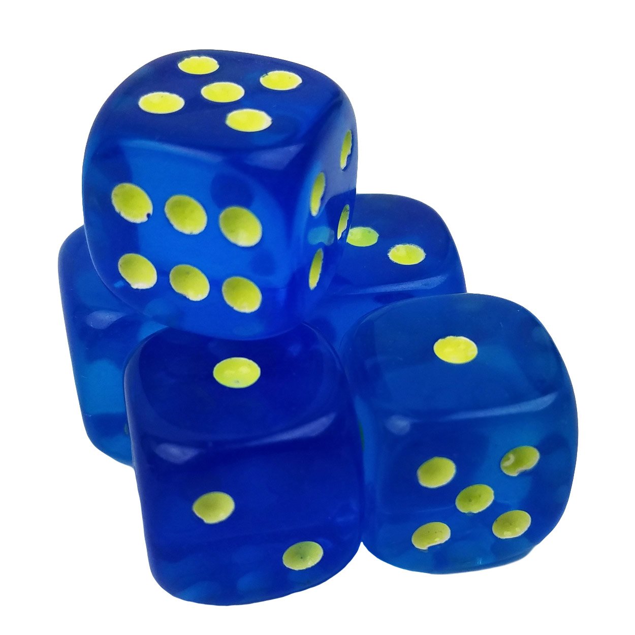 Azty Solutions Set of 5 Blue Transparent Dice Glow in The Dark Spots Round Corner 16mm in Snow Organza Bag