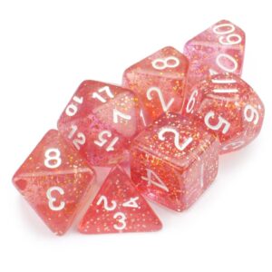 Wiz Dice 7 Die Polyhedral Dice Set - Royal Bubblegum (Pink Glitter) with Velvet Pouch