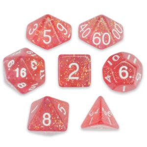 wiz dice 7 die polyhedral dice set - royal bubblegum (pink glitter) with velvet pouch