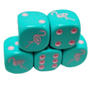 valloowink azty solutions set of 5 aqua pink flamingo dice round corner opaque 16mm in snow organza bag