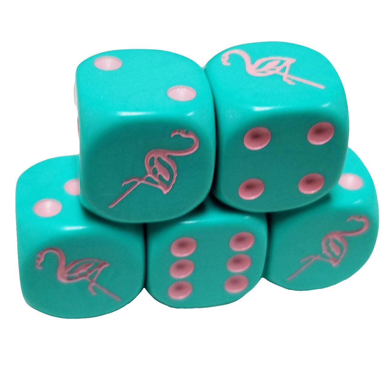 Valloowink Azty Solutions Set of 5 Aqua Pink Flamingo Dice Round Corner Opaque 16mm in Snow Organza Bag