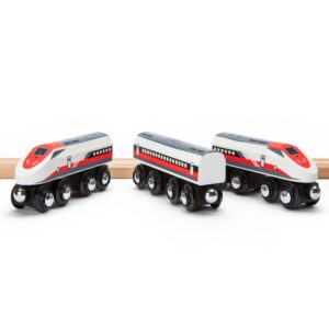 maxim enterprise, inc. wooden bullet train, wooden train set of 2 modern engines 1 sleek passenger car with magnetic connectors, compatible with thomas & friends, brio, other major brands