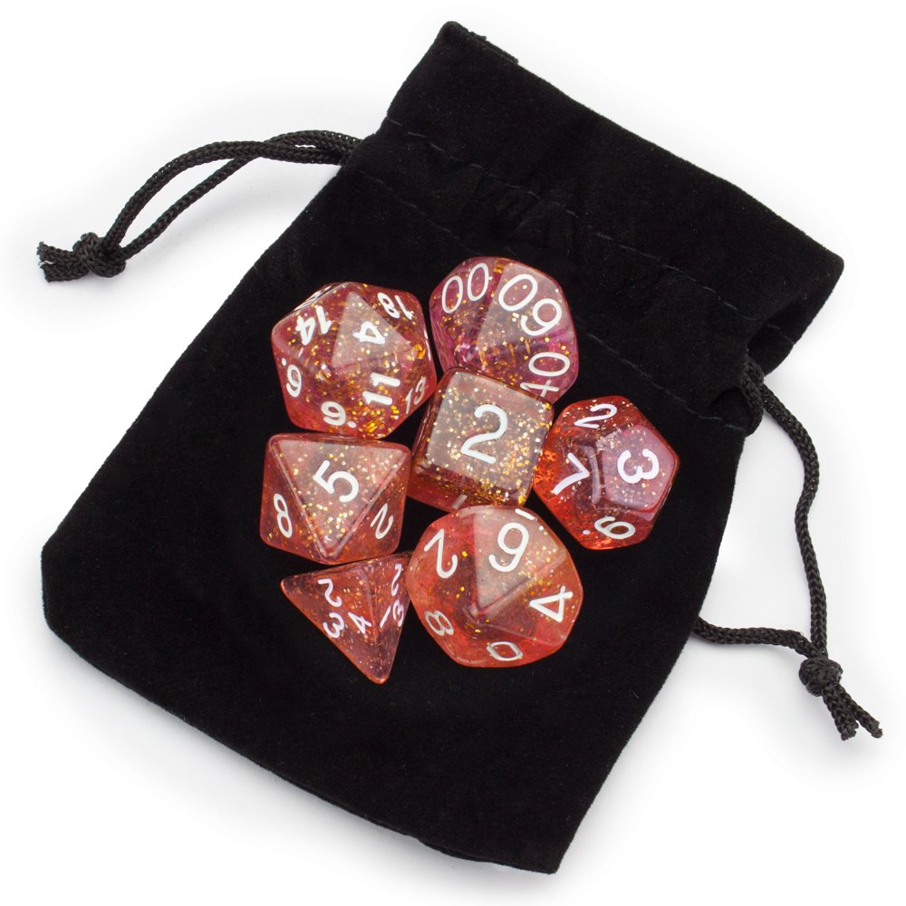 Wiz Dice 7 Die Polyhedral Dice Set - Royal Bubblegum (Pink Glitter) with Velvet Pouch