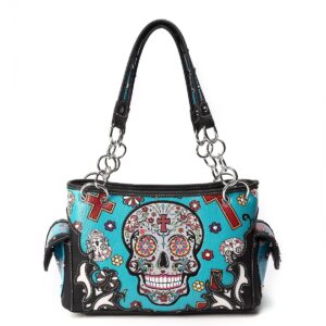 sugar skull purse with concealed carry pocket day of the dead handbag, teal