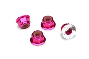 traxxas 1747p-anodized aluminum flanged & serrated lock nuts (set of 4), pink