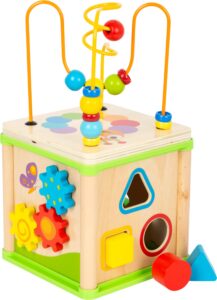 wooden activity cube, sweet little bugs by small foot – classic 5-sided interactive toy with shape sorter, clock & wheels - develops kids imaginative play, coordination, motor skills – age 12+ months