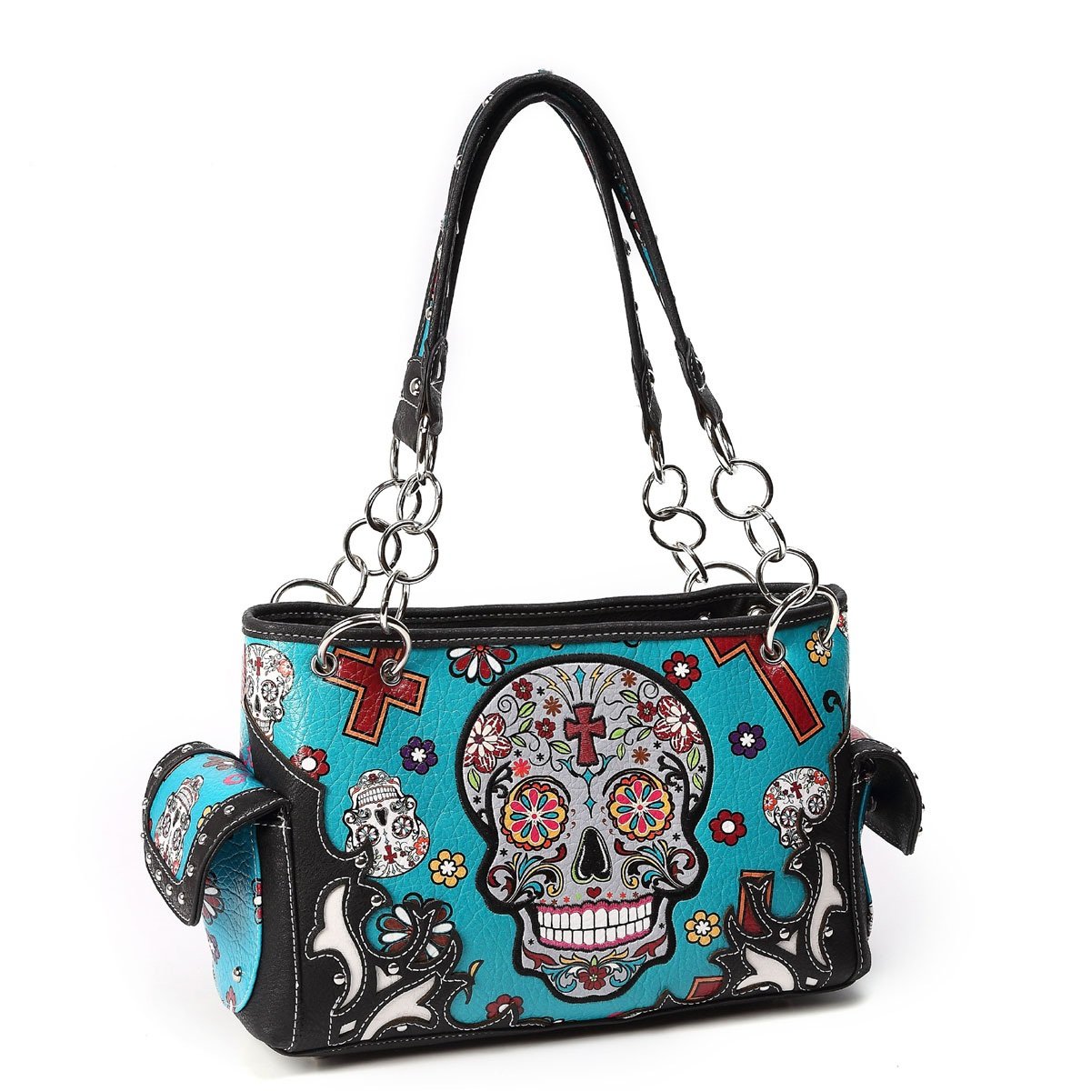 Sugar Skull Purse with Concealed Carry Pocket Day of The Dead Handbag, Teal