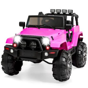 best choice products kids 12v ride on truck, battery powered toy car w/spring suspension, remote control, 3 speeds, led lights, bluetooth - pink