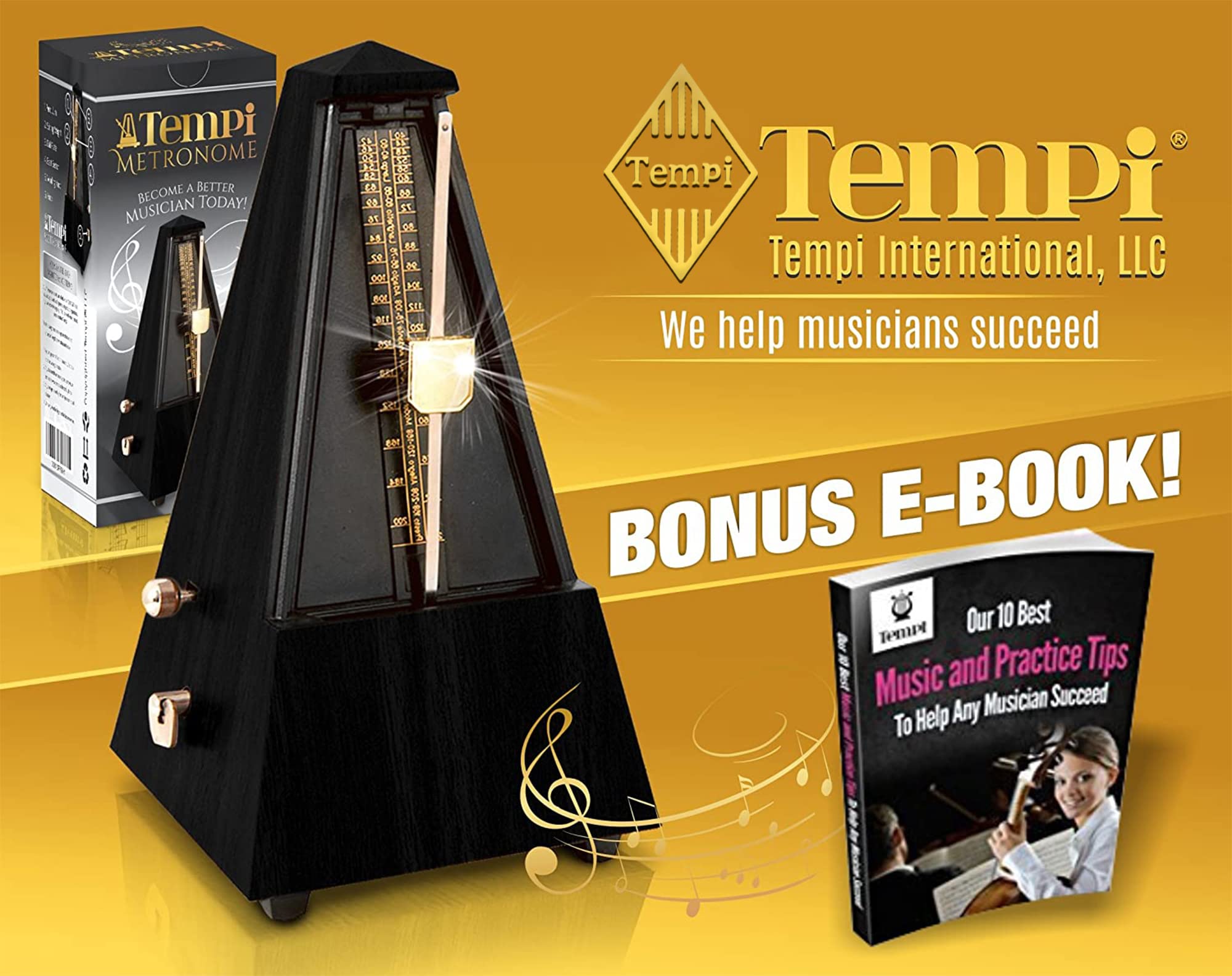 Tempi Mechanical Metronome for Musicians - 2 Year Warranty - Metronome for Piano/Guitar/Violin, Metronome Music for Adults and Kids (Molded White Grain Veneer)