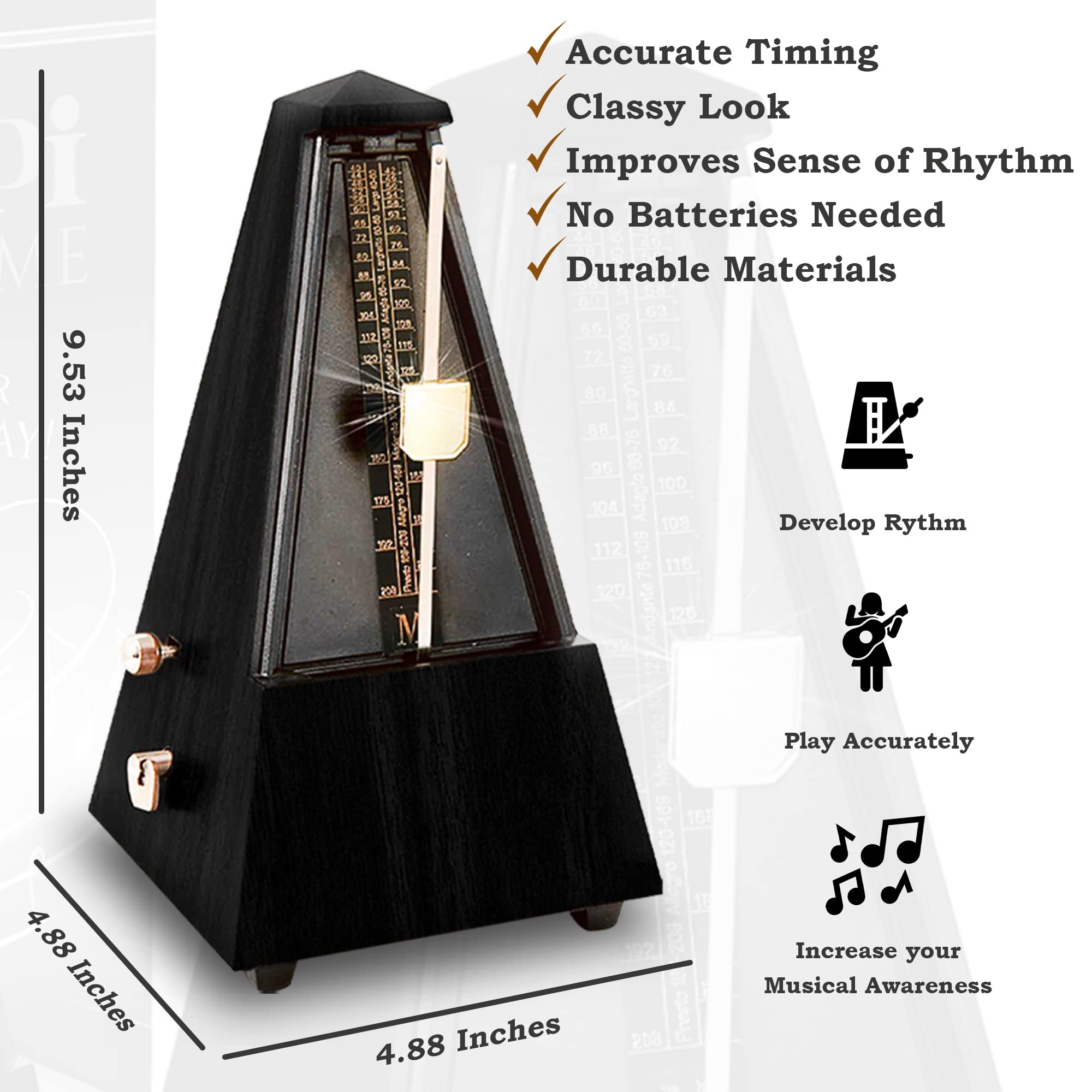 Tempi Mechanical Metronome for Musicians - 2 Year Warranty - Metronome for Piano/Guitar/Violin, Metronome Music for Adults and Kids (Molded White Grain Veneer)