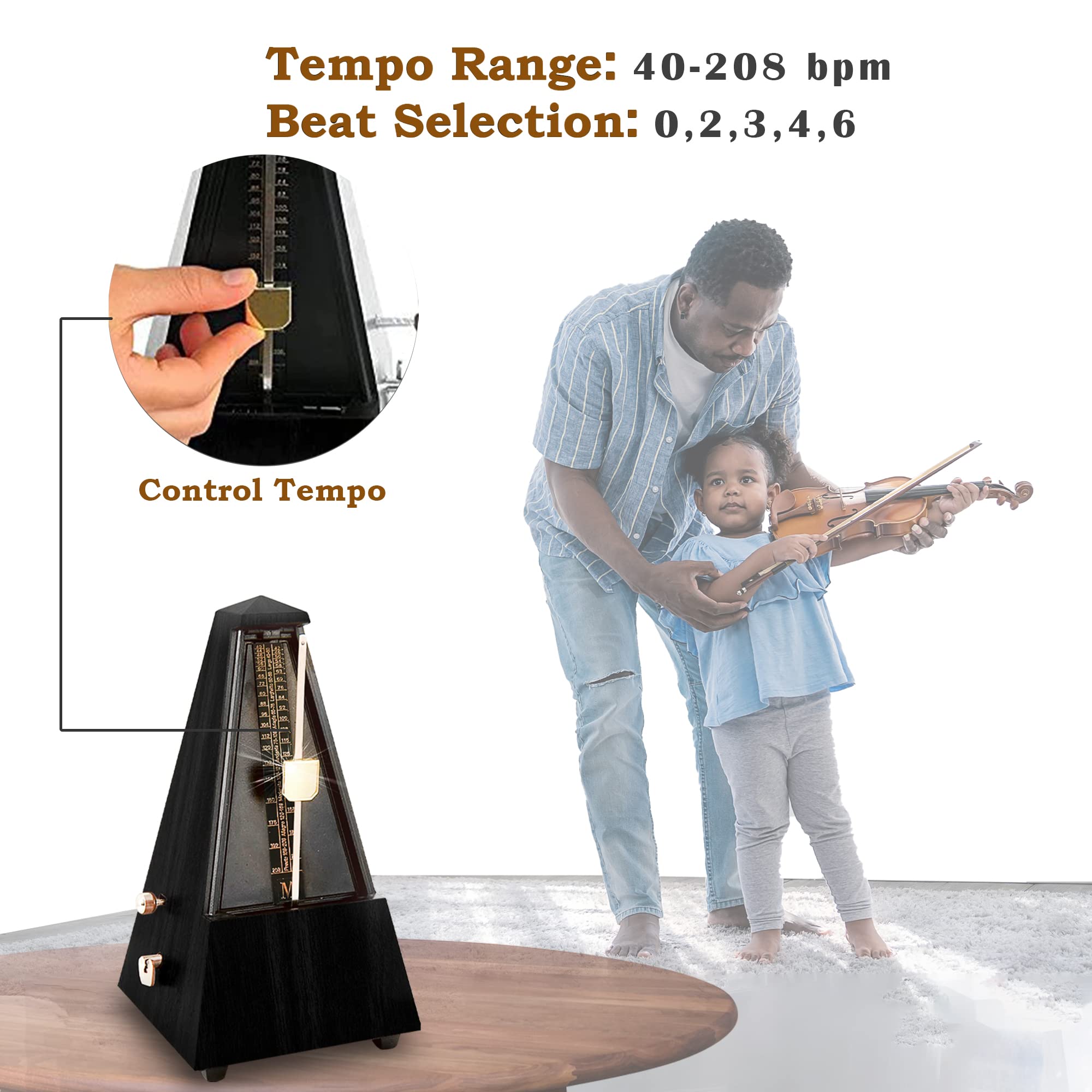 Tempi Mechanical Metronome for Musicians - 2 Year Warranty - Metronome for Piano/Guitar/Violin, Metronome Music for Adults and Kids (Molded White Grain Veneer)