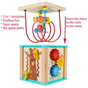 TOWO Wooden Activity Cube Beads Maze -5 Activities Roller Coaster Abacus Cog Wheels Gears Clock Zig Zag Slide-Early Educational Toys for Baby -Educational Wooden Toys for 1 Year Old Montessori Toys