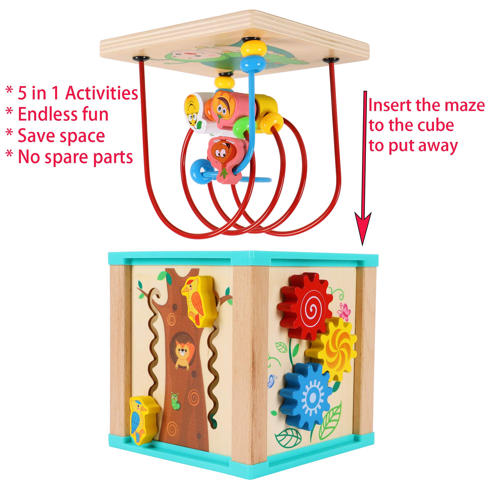 TOWO Wooden Activity Cube Beads Maze -5 Activities Roller Coaster Abacus Cog Wheels Gears Clock Zig Zag Slide-Early Educational Toys for Baby -Educational Wooden Toys for 1 Year Old Montessori Toys