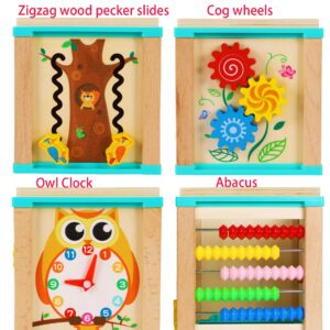 TOWO Wooden Activity Cube Beads Maze -5 Activities Roller Coaster Abacus Cog Wheels Gears Clock Zig Zag Slide-Early Educational Toys for Baby -Educational Wooden Toys for 1 Year Old Montessori Toys