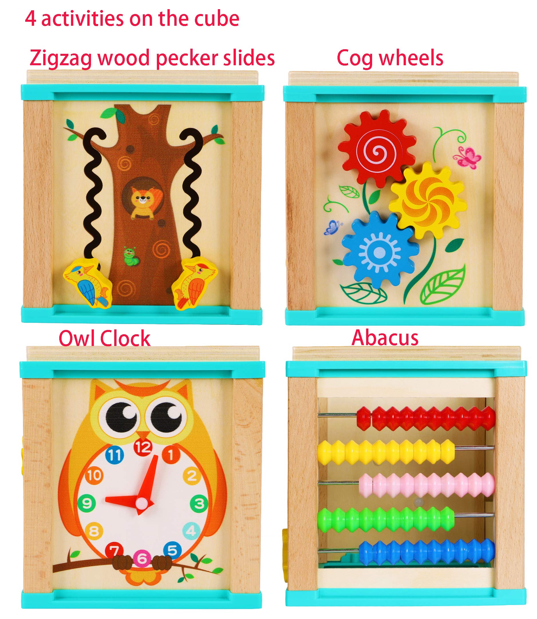 TOWO Wooden Activity Cube Beads Maze -5 Activities Roller Coaster Abacus Cog Wheels Gears Clock Zig Zag Slide-Early Educational Toys for Baby -Educational Wooden Toys for 1 Year Old Montessori Toys