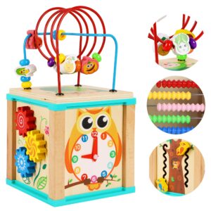 towo wooden activity cube beads maze -5 activities roller coaster abacus cog wheels gears clock zig zag slide-early educational toys for baby -educational wooden toys for 1 year old montessori toys