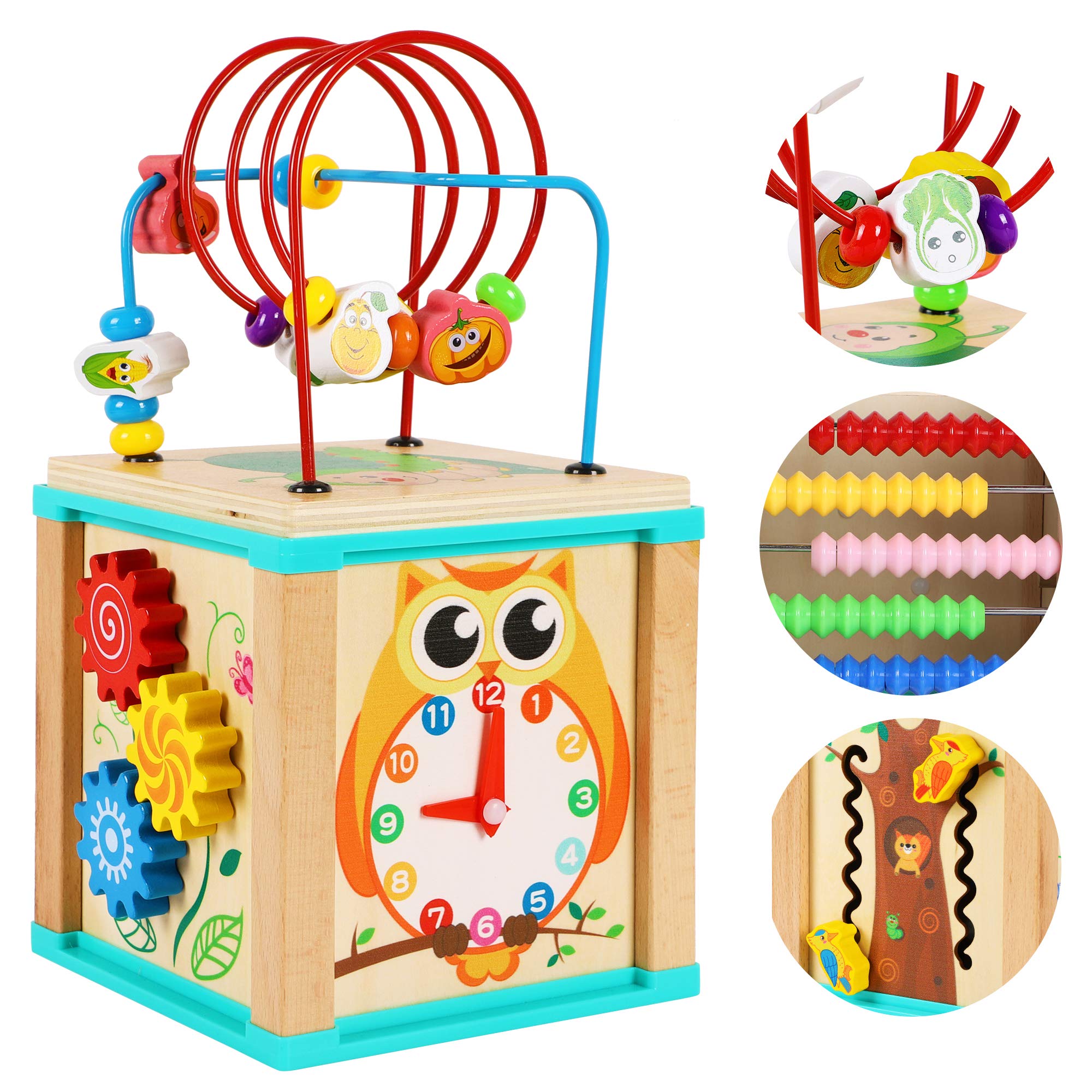 TOWO Wooden Activity Cube Beads Maze -5 Activities Roller Coaster Abacus Cog Wheels Gears Clock Zig Zag Slide-Early Educational Toys for Baby -Educational Wooden Toys for 1 Year Old Montessori Toys