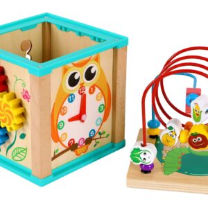 TOWO Wooden Activity Cube Beads Maze -5 Activities Roller Coaster Abacus Cog Wheels Gears Clock Zig Zag Slide-Early Educational Toys for Baby -Educational Wooden Toys for 1 Year Old Montessori Toys