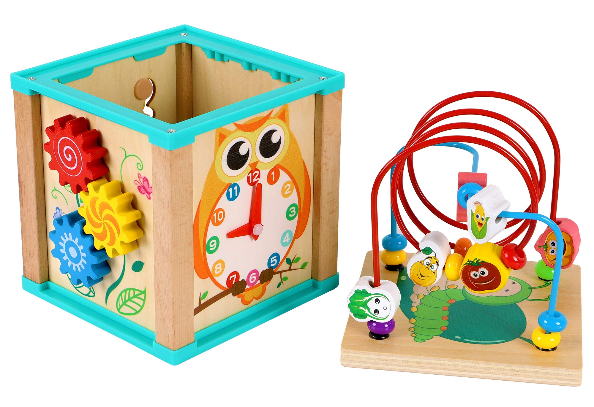 TOWO Wooden Activity Cube Beads Maze -5 Activities Roller Coaster Abacus Cog Wheels Gears Clock Zig Zag Slide-Early Educational Toys for Baby -Educational Wooden Toys for 1 Year Old Montessori Toys