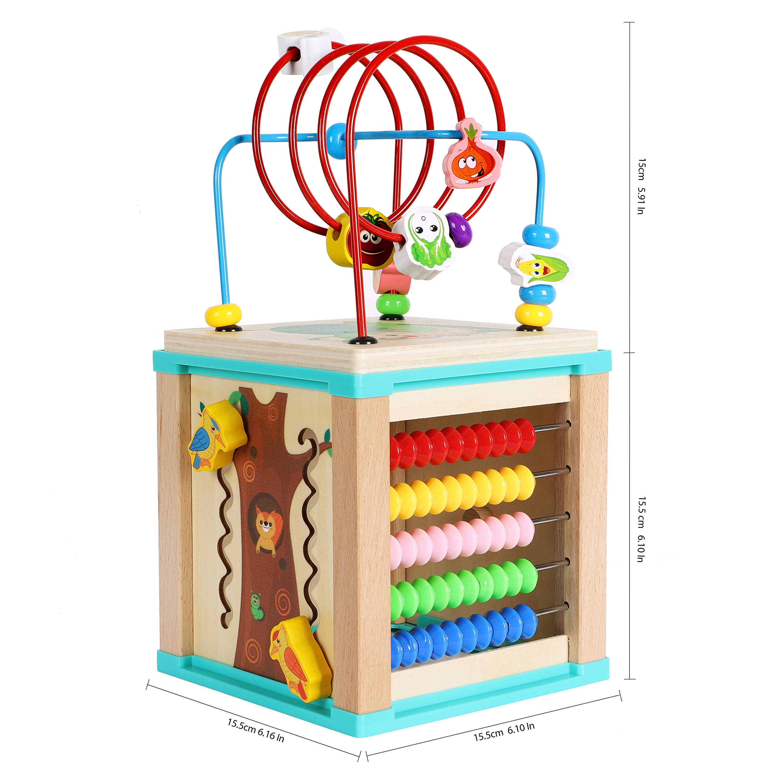 TOWO Wooden Activity Cube Beads Maze -5 Activities Roller Coaster Abacus Cog Wheels Gears Clock Zig Zag Slide-Early Educational Toys for Baby -Educational Wooden Toys for 1 Year Old Montessori Toys