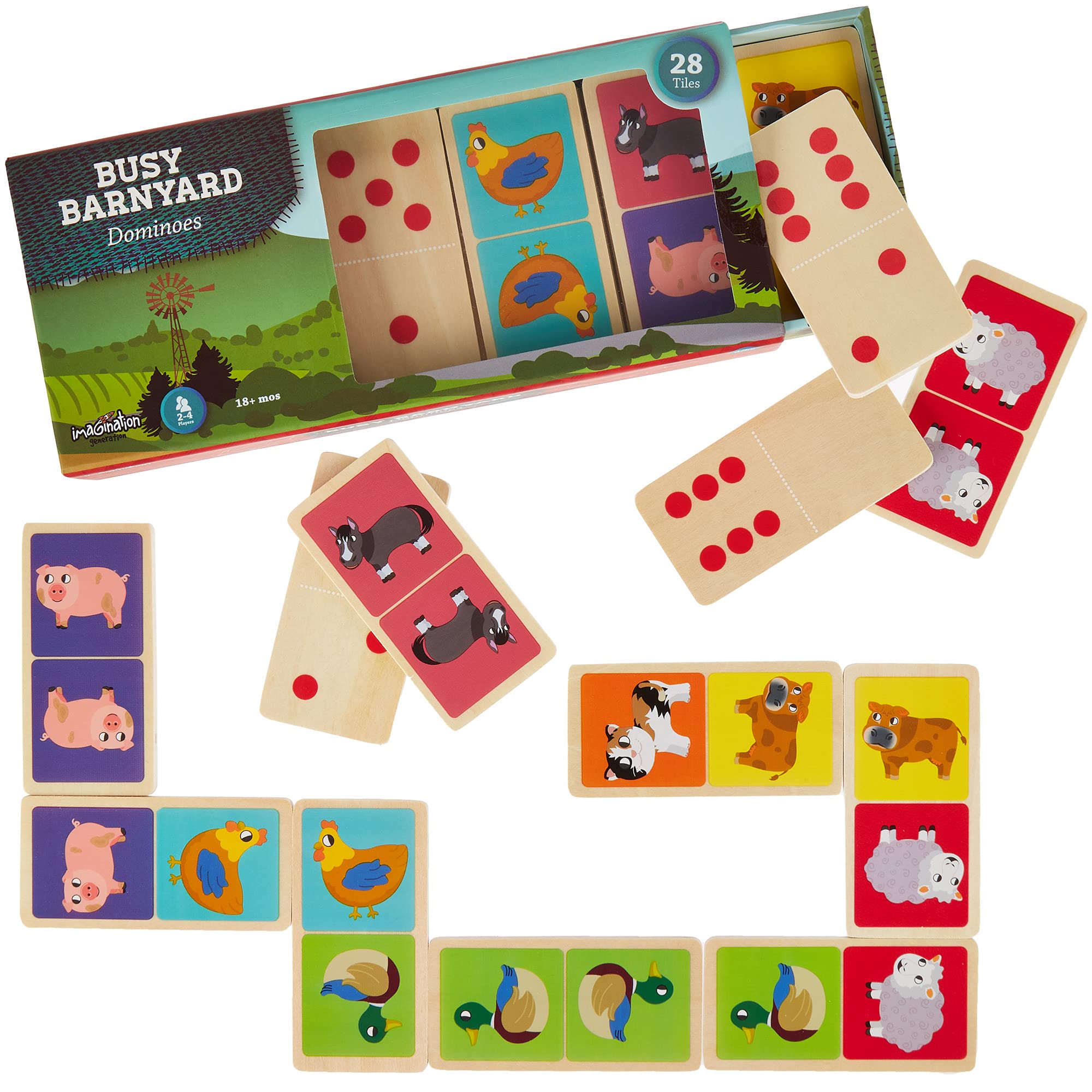 Imagination Generation Busy Barnyard Wooden Dominoes - Reversible! Classic and Matching Games (28pcs)