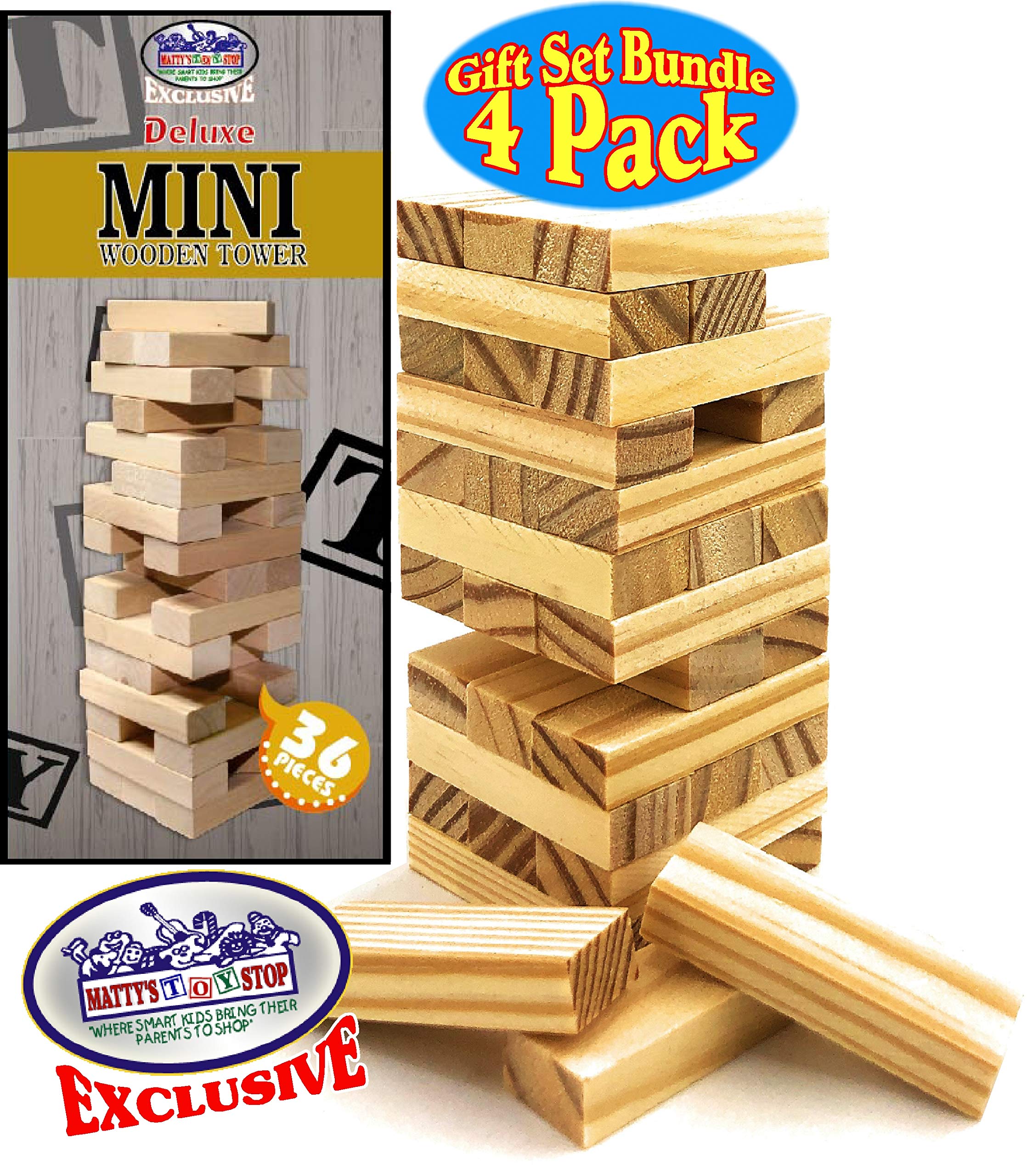 Matty's Toy Stop Mini Wooden Tower 36 Piece Stacking Game (4.25") Gift Set Party Favor Bundle - 4 Pack