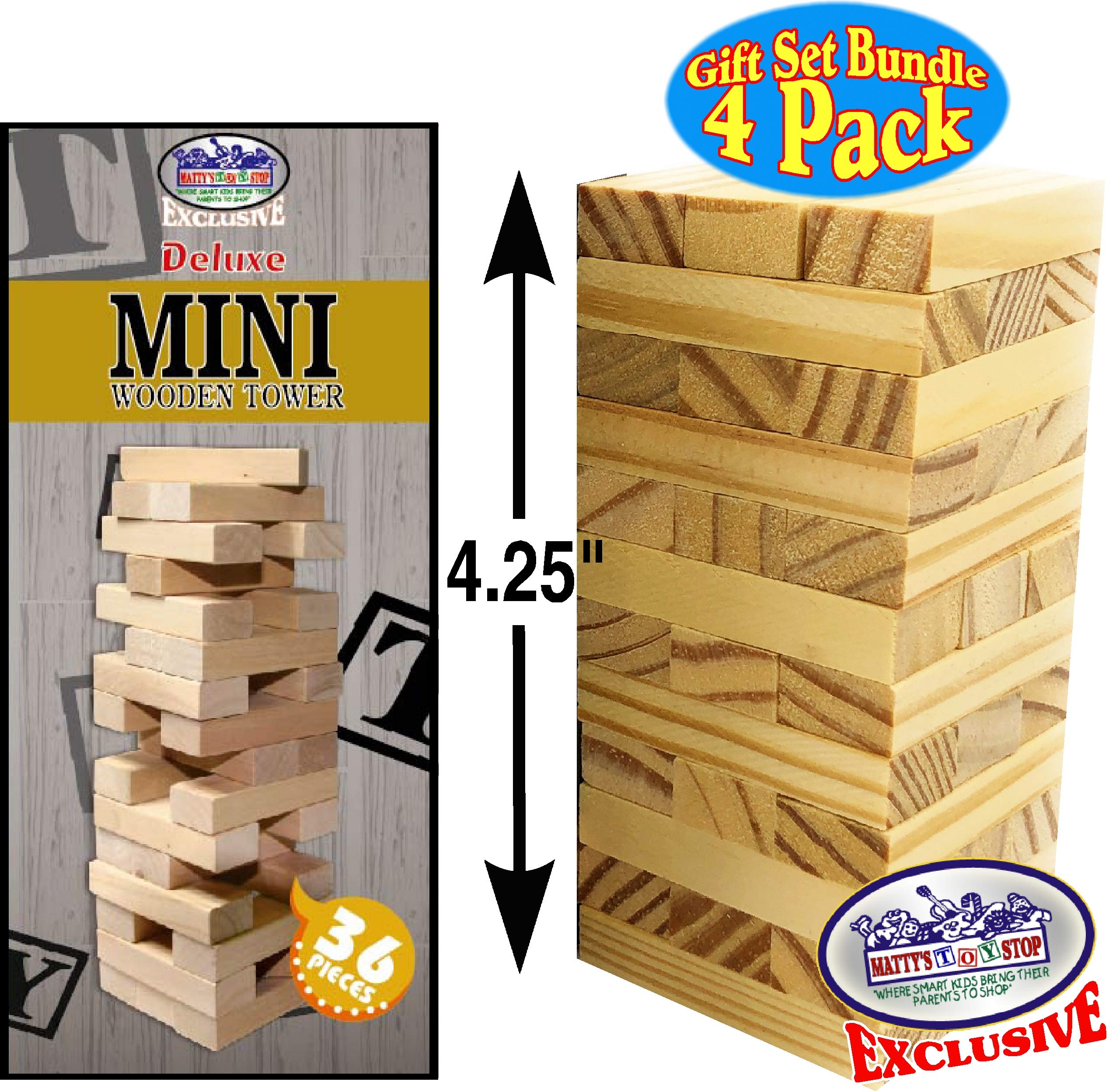 Matty's Toy Stop Mini Wooden Tower 36 Piece Stacking Game (4.25") Gift Set Party Favor Bundle - 4 Pack