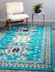 unique loom taftan collection border geometric tribal inspired design area rug, 4 ft x 6 ft, turquoise/gray