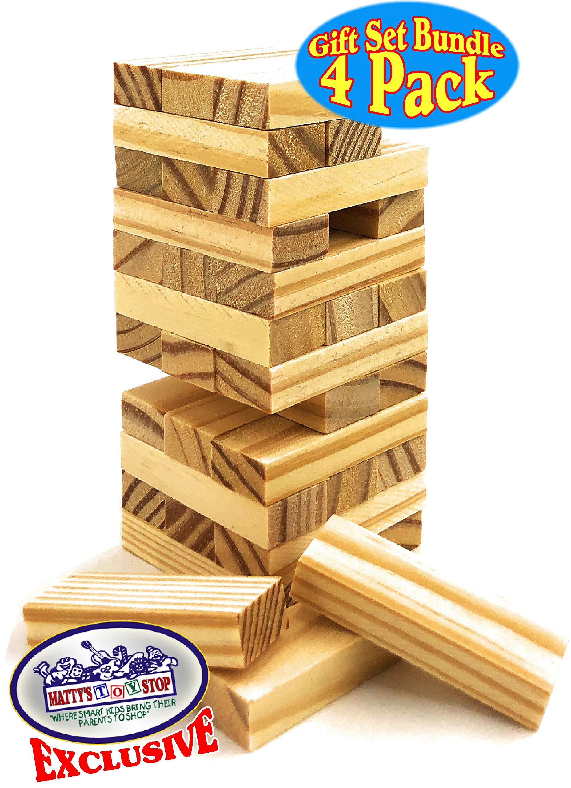 Matty's Toy Stop Mini Wooden Tower 36 Piece Stacking Game (4.25") Gift Set Party Favor Bundle - 4 Pack