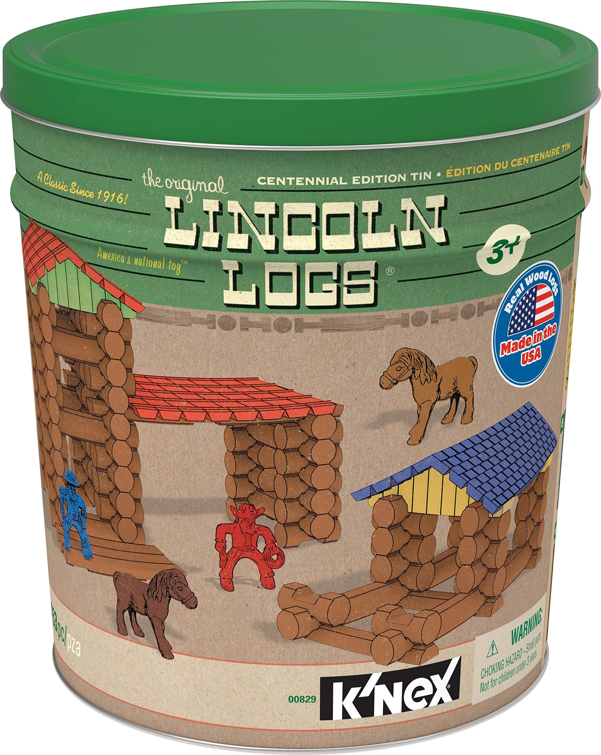 Lincoln Logs Centennial Edition Tin Amazon Exclusive-150+ Pieces-Real Wood-Ages 3+-Best Retro Building Gift Set for Boys/Girls-Creative Construction Engineering-Top Blocks Kit-Preschool Education Toy,Bronze