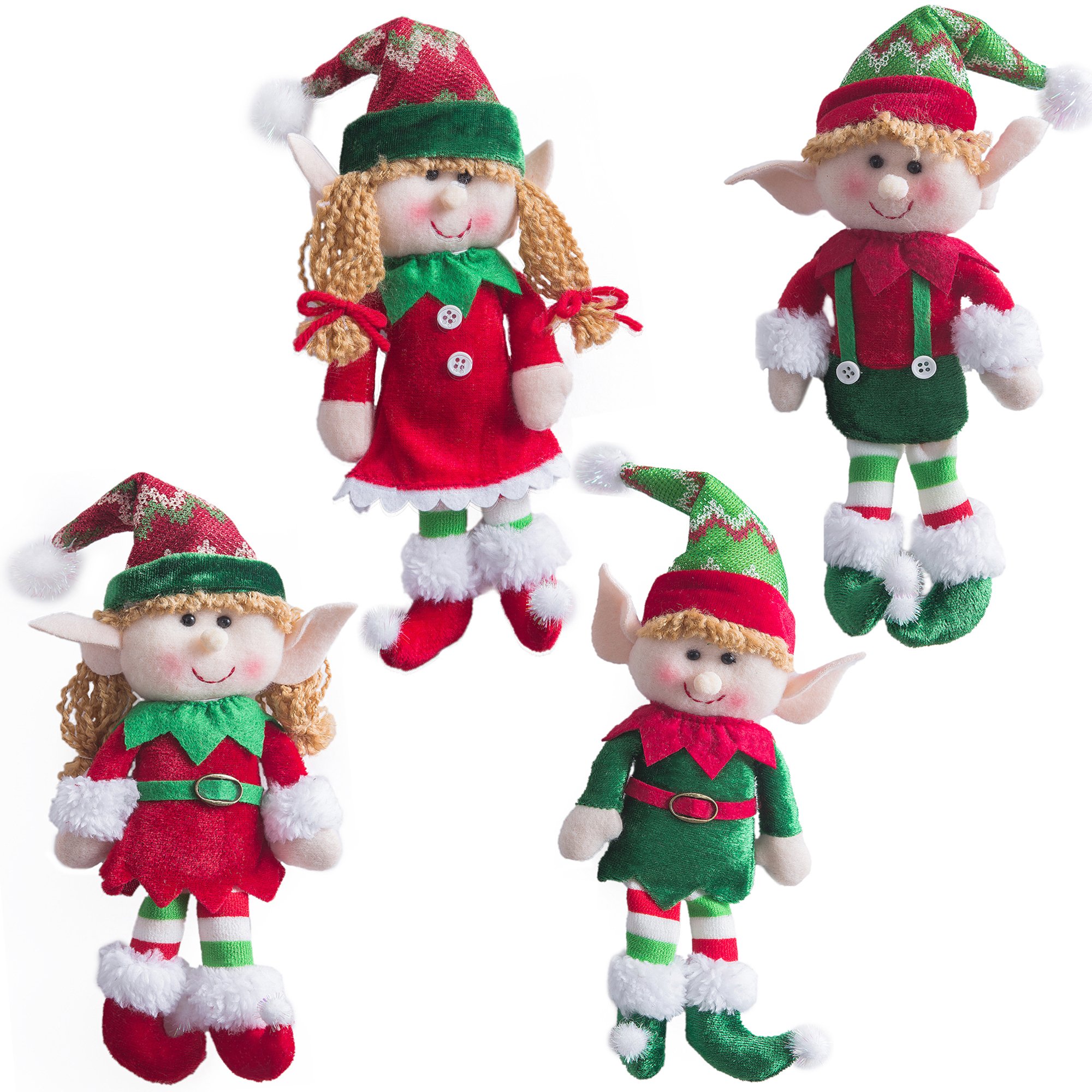 WEWILL Adorable Flexible Christmas Elves Plush Dolls -Set of 4 Party Xmas Tree Decoration Holiday Santa Characters Ornaments 12-Inch