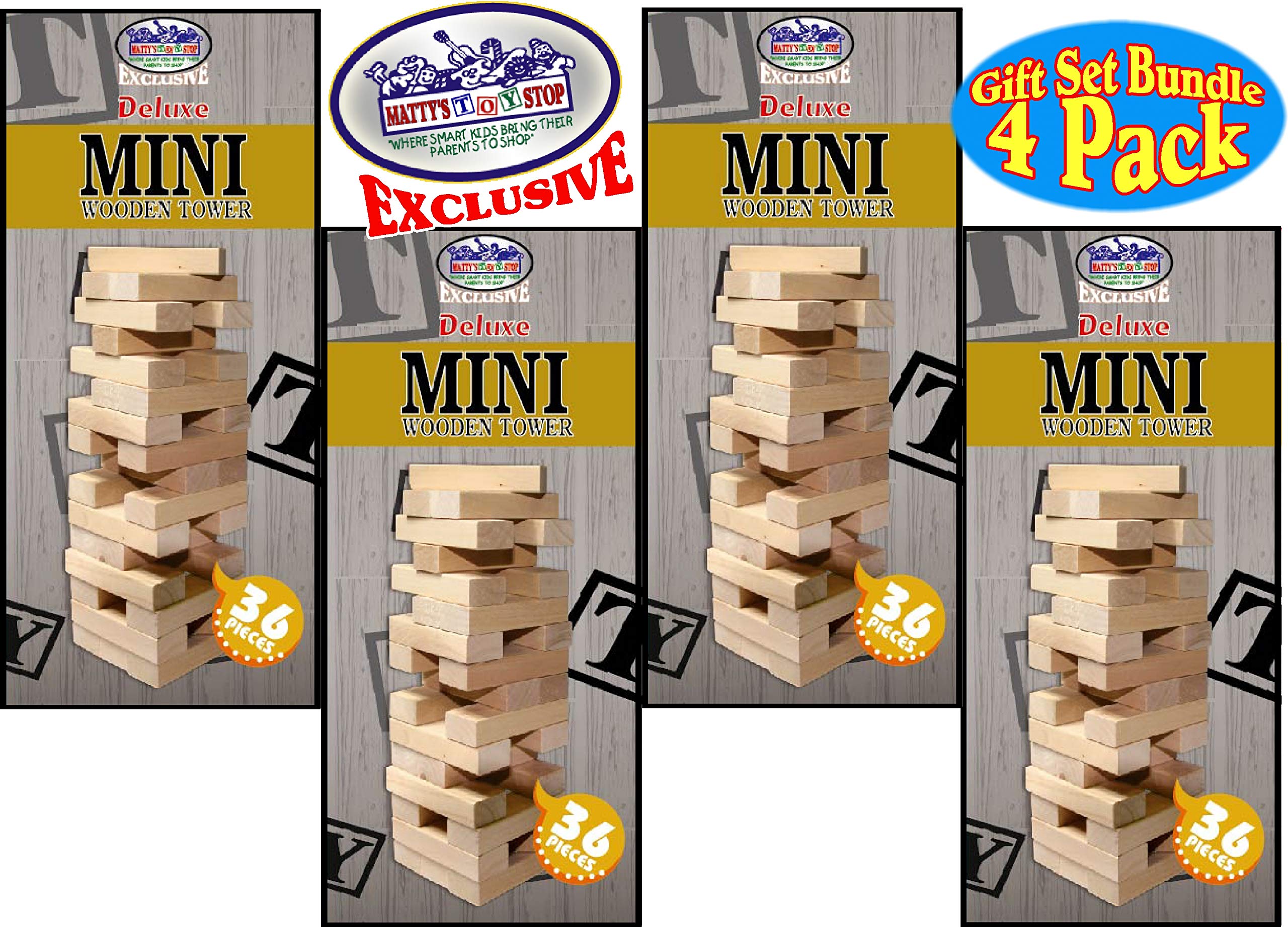 Matty's Toy Stop Mini Wooden Tower 36 Piece Stacking Game (4.25") Gift Set Party Favor Bundle - 4 Pack