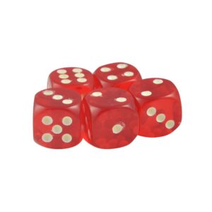 set of 5 red transparent dice glow in the dark spots round corner 16mm in snow organza bag