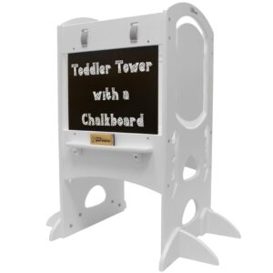 little partners learning tower limited edition toddler tower step stool activity center, wooden kids learning tower standing platform with adjustable height, chalkboard, safety rails (soft white)