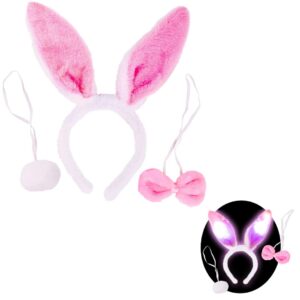 kangaroo plush led light up bunny costume adult, white bunny ears, tail & bowtie cosplay accessories, white rabbit ears for easter & halloween, all party favor basket stuffers pink, stocking stuffer