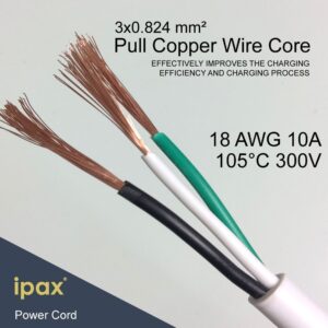 Ipax 10Ft Long White AC Power Cord Cable Pure Copper Wire Core in Retail Pack for Computer PC Plasma TV Printer Monitor AC Adapter