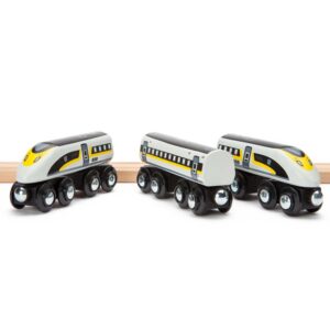 maxim enterprise, inc. wooden bullet train, wooden train set of 2 modern engines 1 sleek passenger car with magnetic connectors, compatible with thomas & friends, brio, other major brands