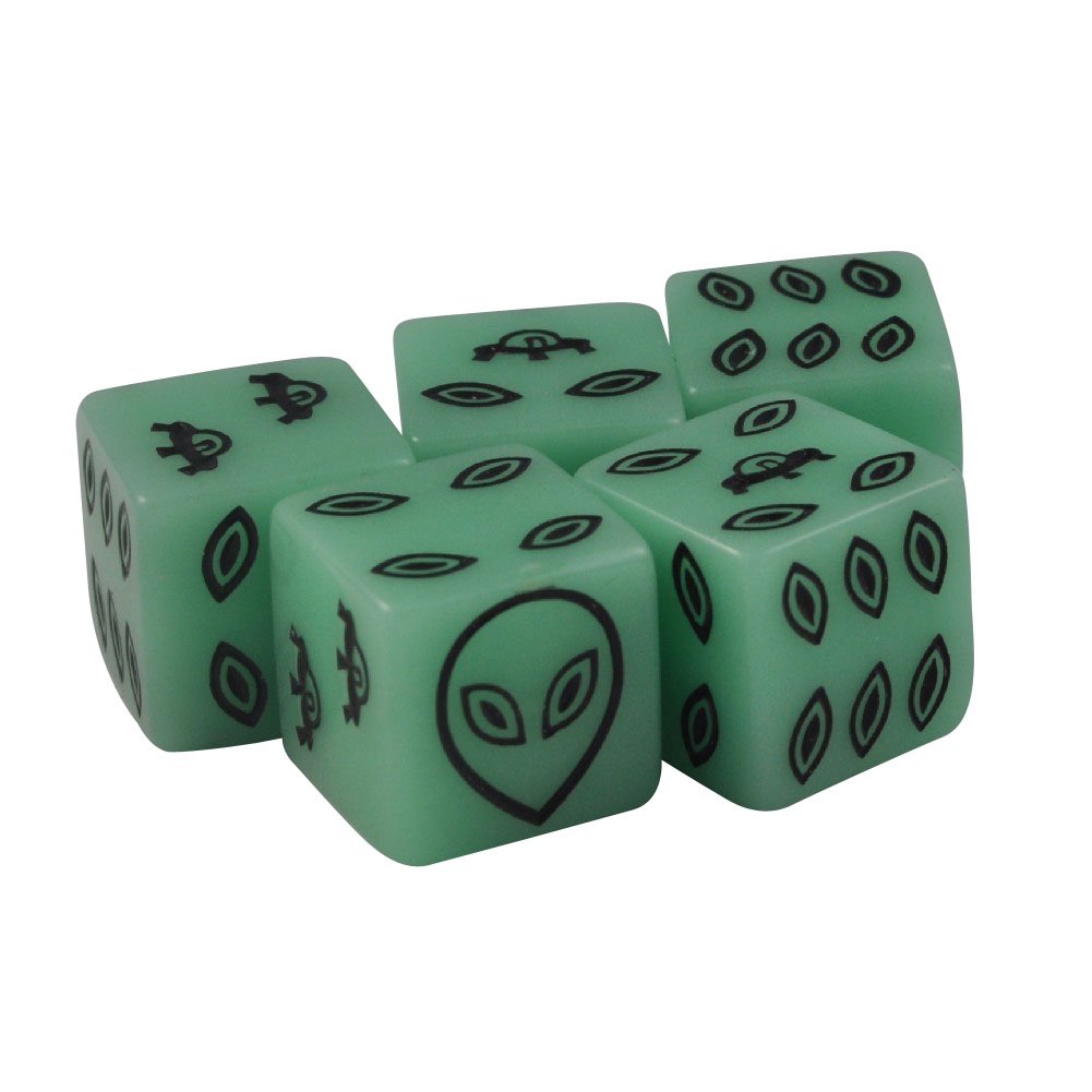 Set of 5 Alien Dice Glow in the Dark Green/Black Round Corner 16mm in Snow Organza Bag