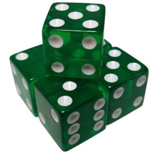 azty solutions set of 5 dice green transparent 6 sided white pips square corner 16mm in snow organza bag