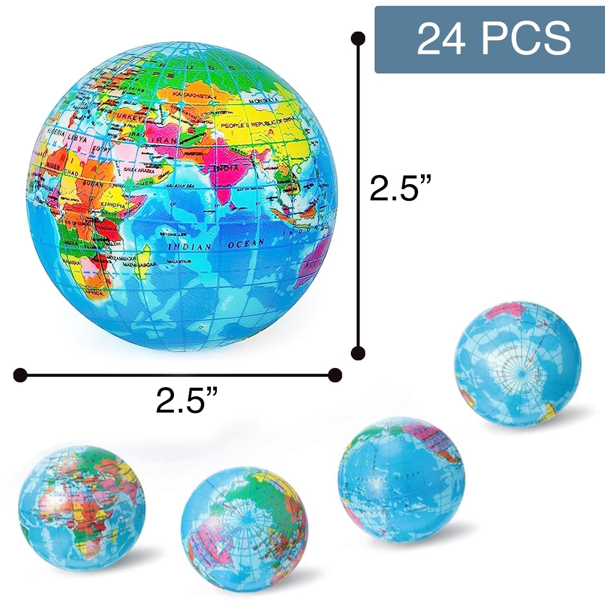 24 Pack - Globe Mini Soft Foam Earth Squeeze Balls, 2.5" Squeezable World Toy Stress Relief Bulk Educational Novelties for Kids, School, Classroom, Party Favors, Rewards