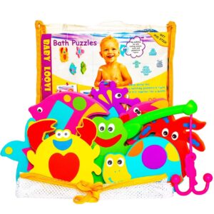 foam bath toys - 100% non-toxic floating puzzles animals - early learning bathtub toy - fun educational geometric shapes for toddlers kids boys girls - free bath toy organizer & fishing rod