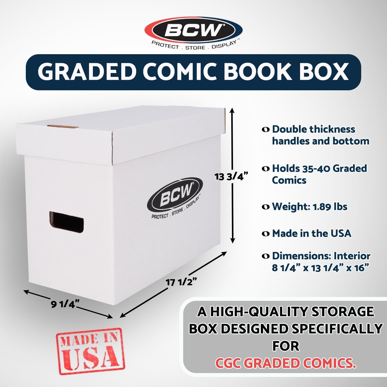 BCW Graded Comic Book Storage Box - 1ct | Durable White Corrugated Paper | Fits CGC Comics, Holds 35-40 Graded Comic Books | Double Thickness Handles & Reinforced Bottom | Assembly Required