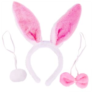 Kangaroo Plush LED Light Up Bunny Costume Adult, White Bunny Ears, Tail & Bowtie Cosplay Accessories, White Rabbit Ears for Easter & Halloween, All Party Favor Basket Stuffers Pink, Stocking Stuffer