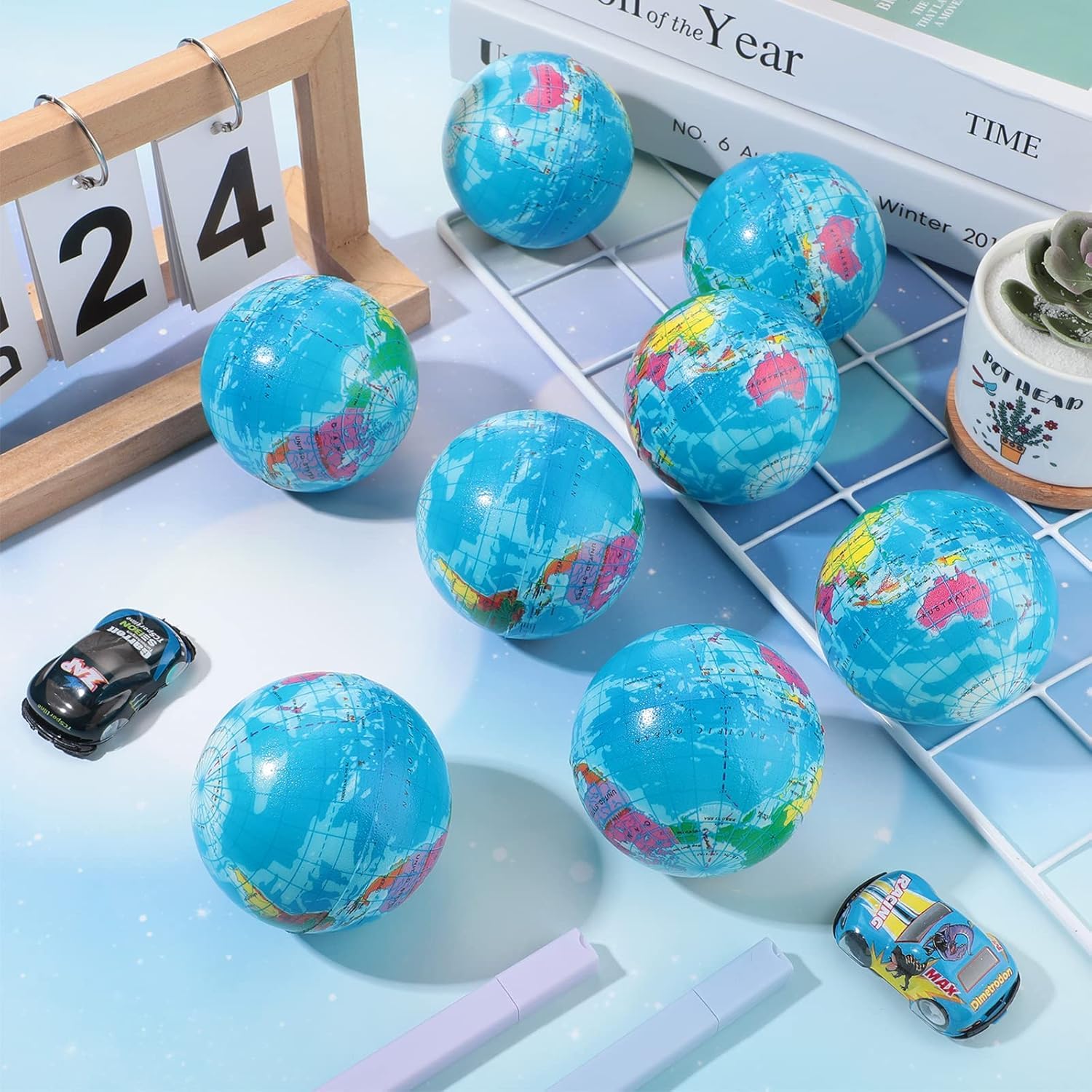 24 Pack - Globe Mini Soft Foam Earth Squeeze Balls, 2.5" Squeezable World Toy Stress Relief Bulk Educational Novelties for Kids, School, Classroom, Party Favors, Rewards