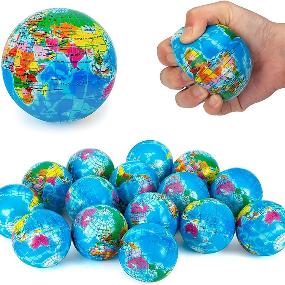 24 Pack - Globe Mini Soft Foam Earth Squeeze Balls, 2.5" Squeezable World Toy Stress Relief Bulk Educational Novelties for Kids, School, Classroom, Party Favors, Rewards