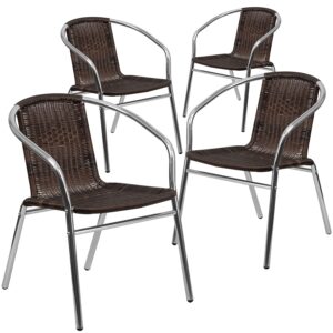 flash furniture lila 4 pack commercial aluminum and dark brown rattan indoor-outdoor restaurant stack chair